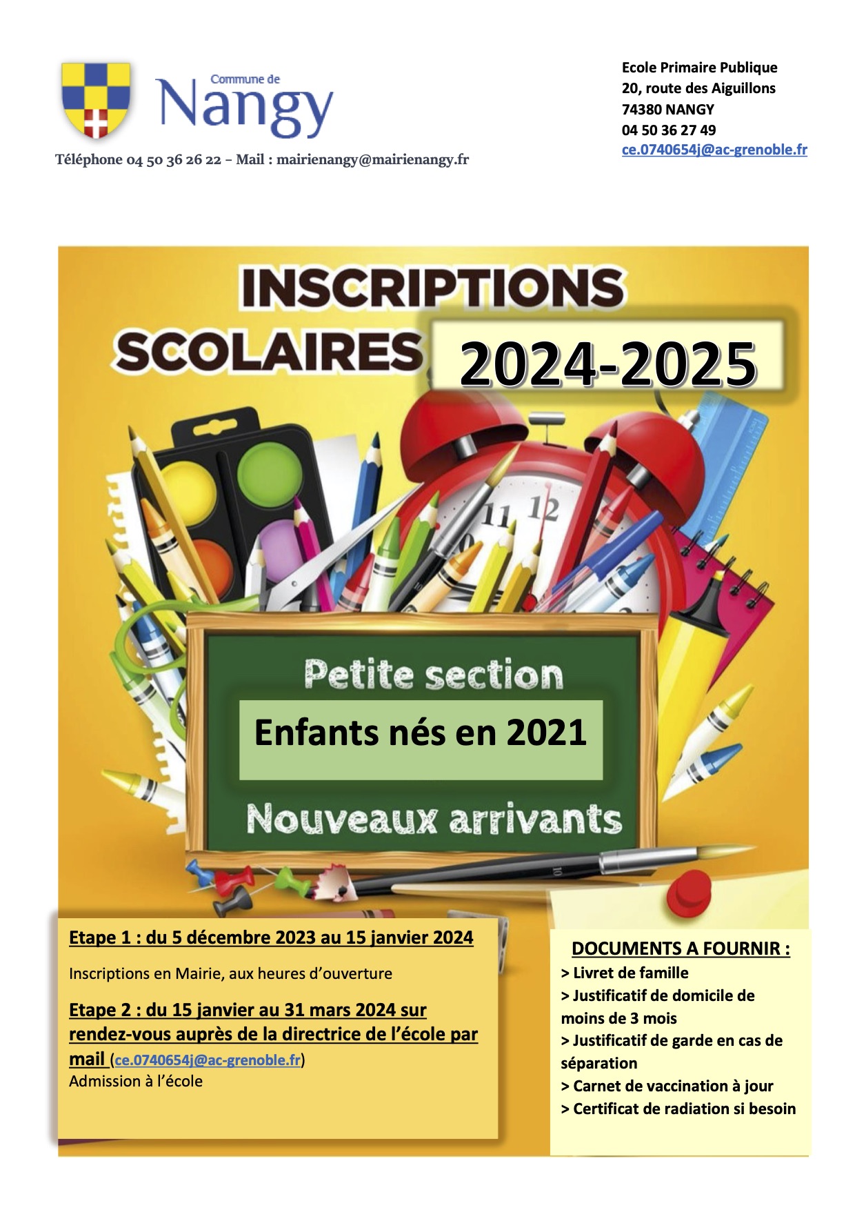 Inscriptions scolaires 2024 - Mairie de Nangy